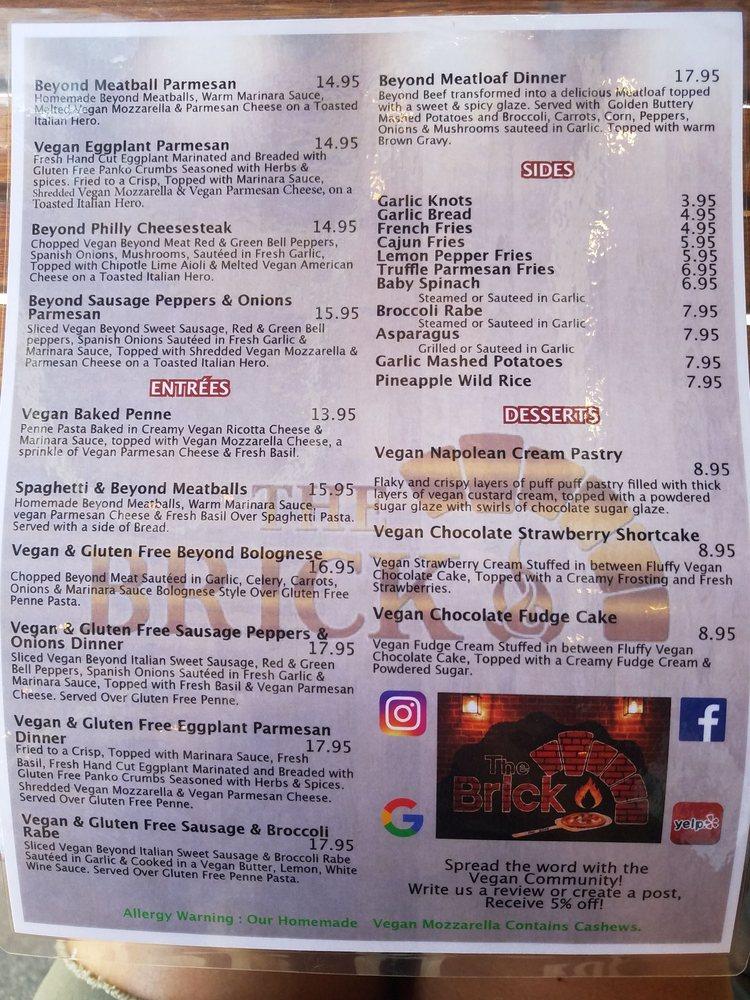Menu at The Brick pizzeria, Hoboken