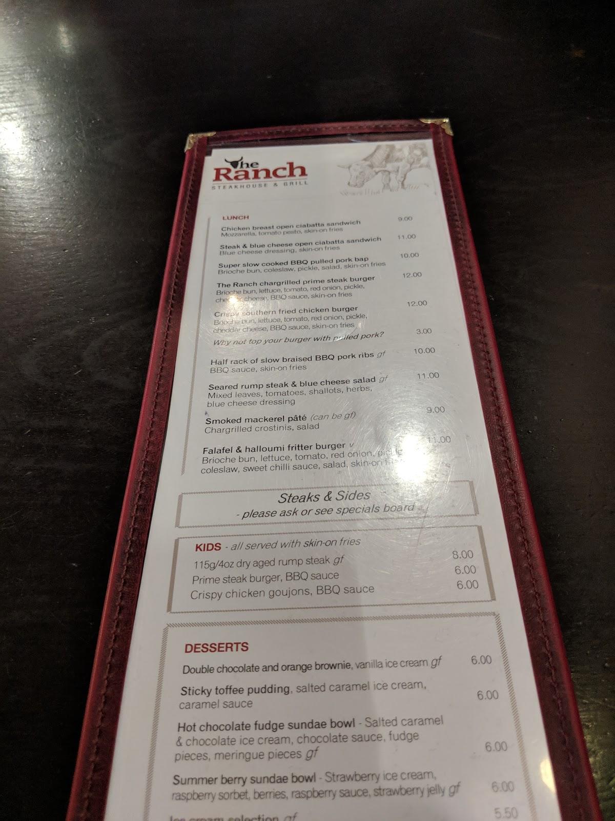 Menu at The Ranch steakhouse, Falmouth