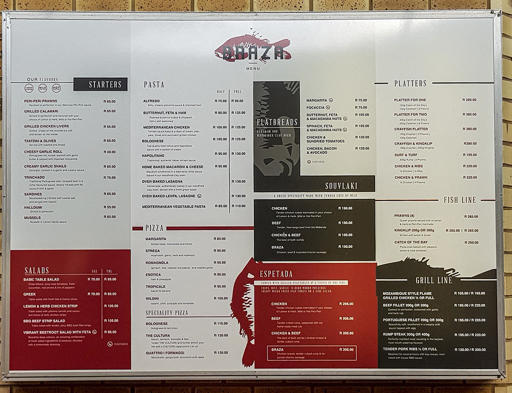 Menu at Braza restaurant, Saint Lucia