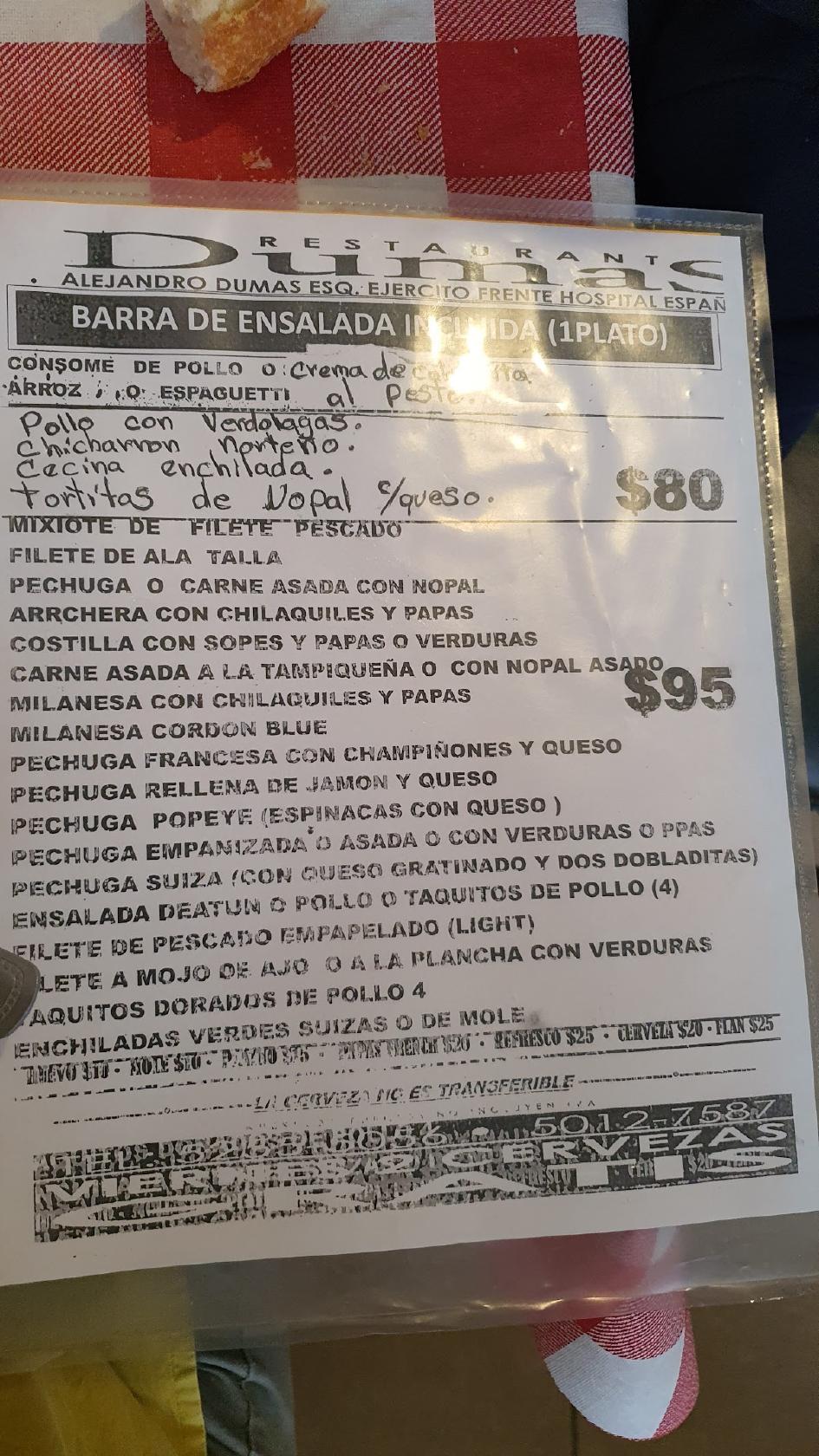Carta de Restaurant Dumas, Ciudad de México