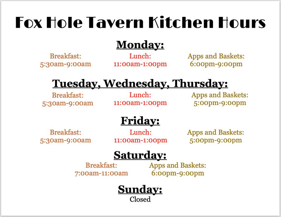 Menu at Fox Hole Tavern pub & bar, Wilber