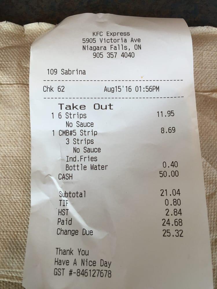 Menu at KFC Express fast food, Niagara Falls, Victoria Ave