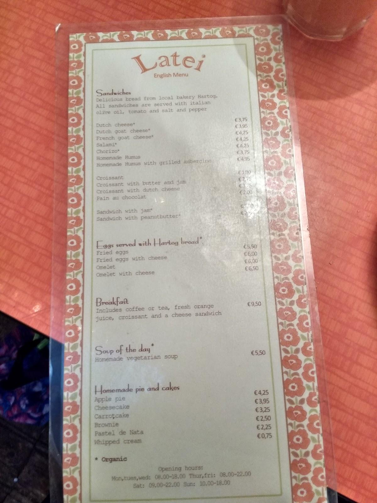 Menu at Latei, Amsterdam