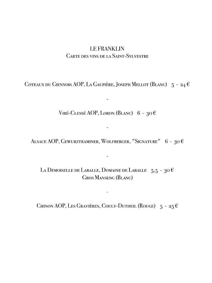 Menu at Le Franklin Roosevelt restaurant, Fontainebleau