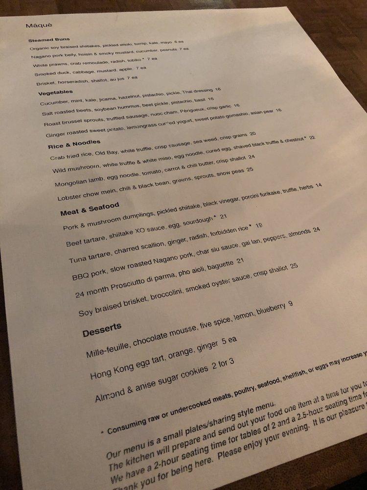Menu at Máquè restaurant, Winnipeg