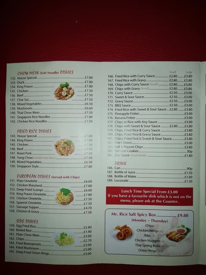 Menu at Mr Rice fast food, Inverness