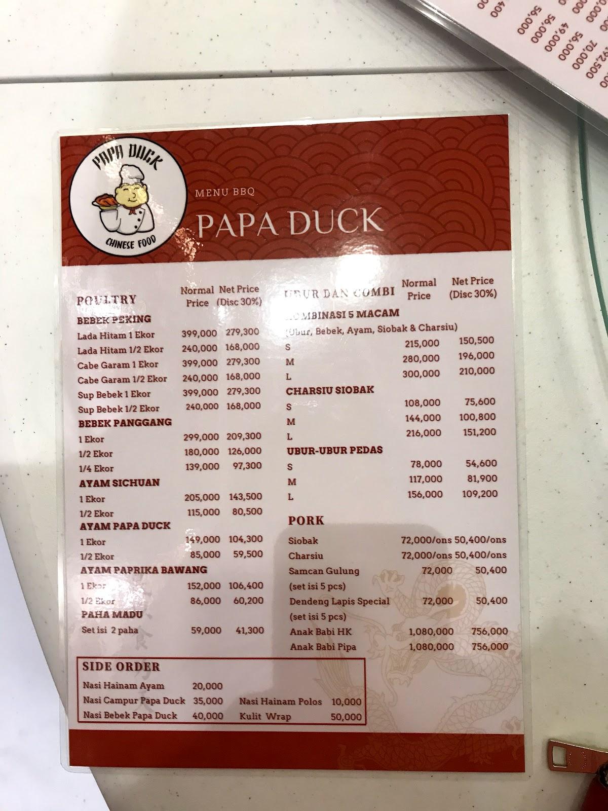 Carta de Papa Duck Restaurant, West Jakarta