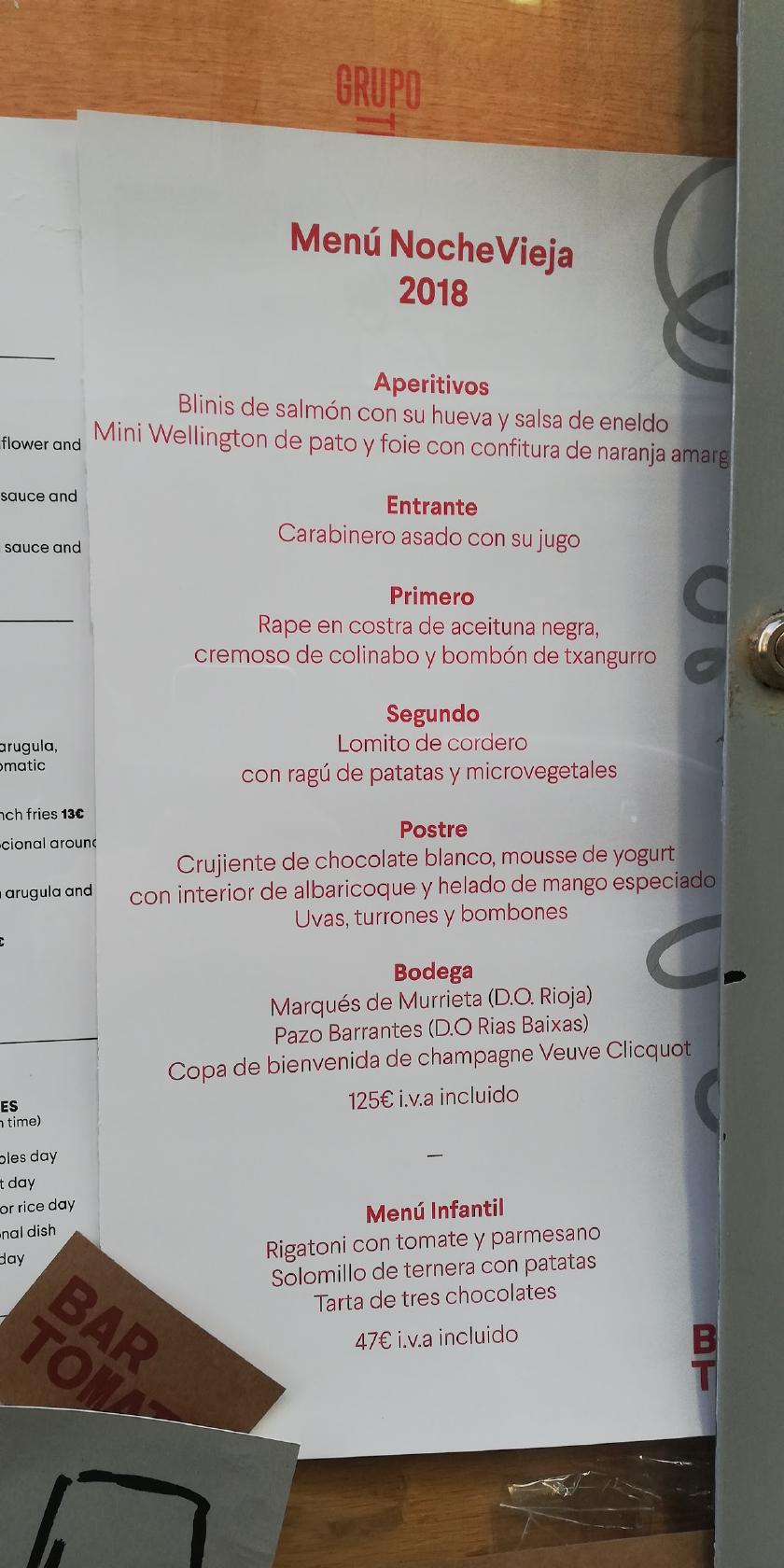 Carta de Bar Tomate, Madrid