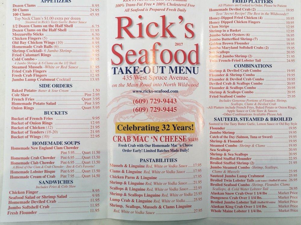 Menu at Rick's Seafood House restaurant, North Wildwood