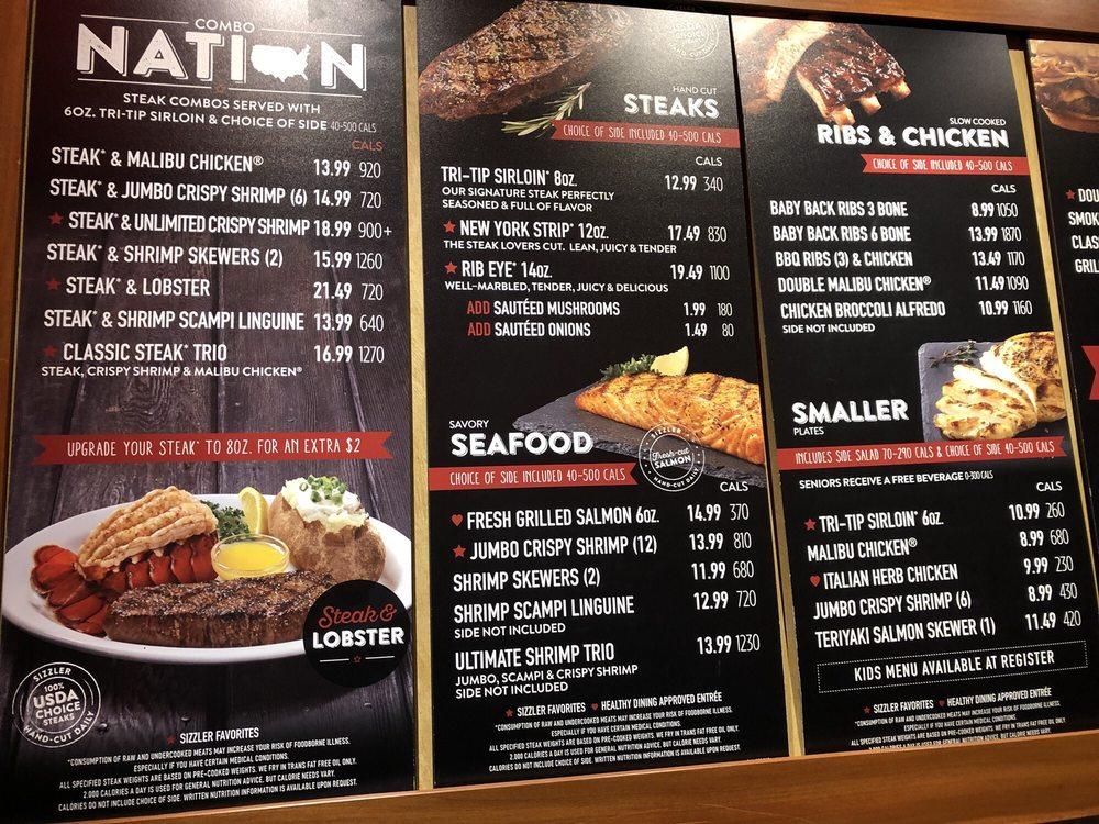 Menu at Sizzler steakhouse, San Jose