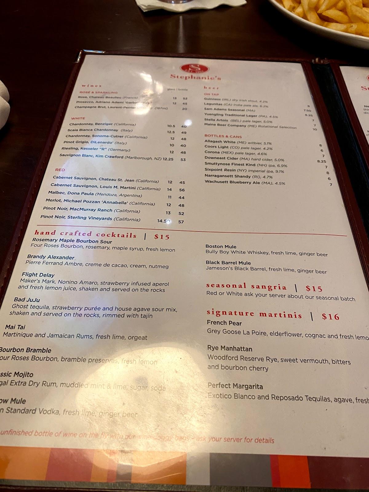 Menu at Stephanie's pub & bar, Boston, Logan Airport Terminal B
