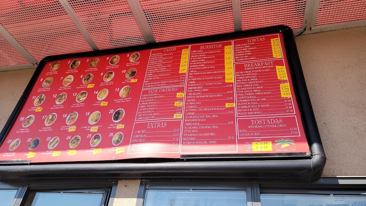 Menu at Taco Express restaurant, Colorado Springs, Centennial Blvd