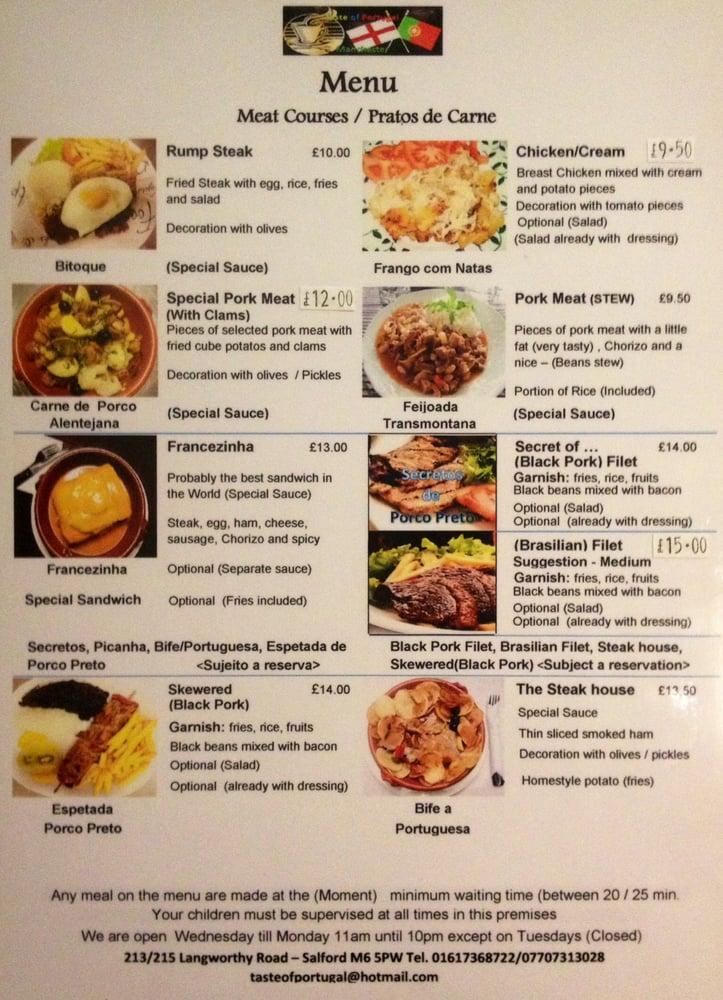 Menu at Taste of Portugal restaurant, Salford, 213/215 Langworthy Road