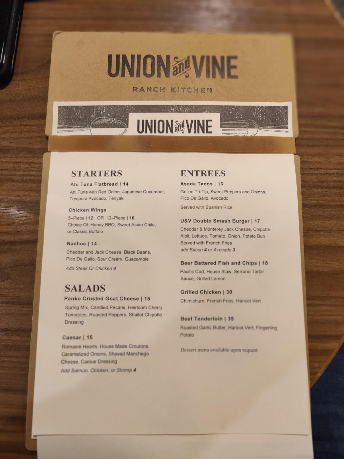 Menu at Union & Vine pub & bar, Atascadero