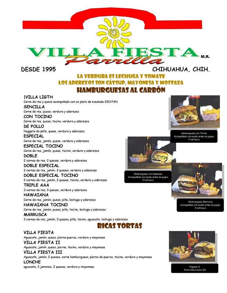 Carta del restaurante Villa Fiesta, Chihuahua