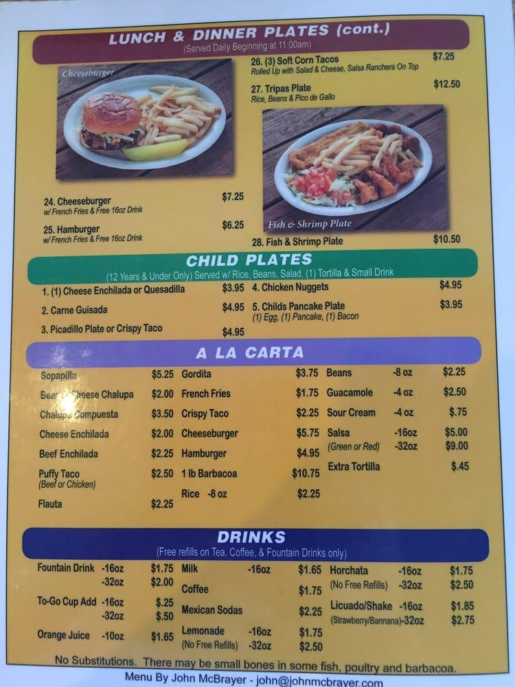 Menu at Aguas Calientes Taqueria restaurant, San Antonio, Blanco Rd #200