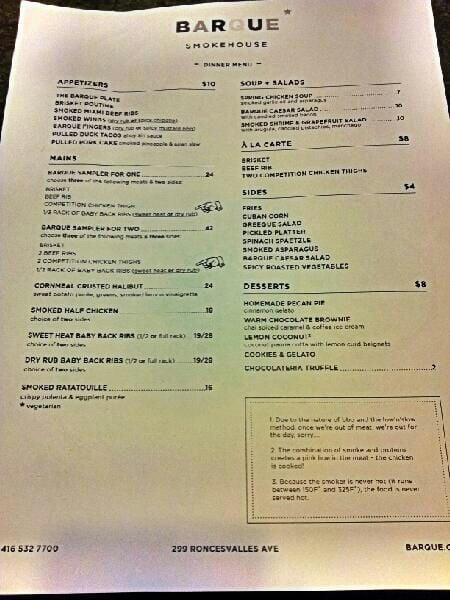 Menu at Barque Smokehouse, Toronto, 299 Roncesvalles Ave