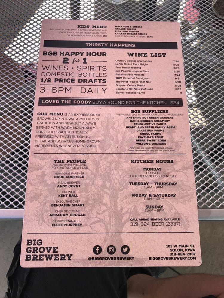 Menu at Big Grove Brewpub-Solon, Solon