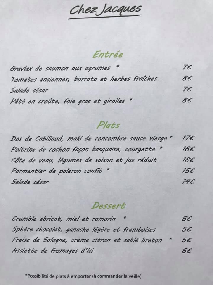 Menu au Chez Jacques pub et bar, Bracieux