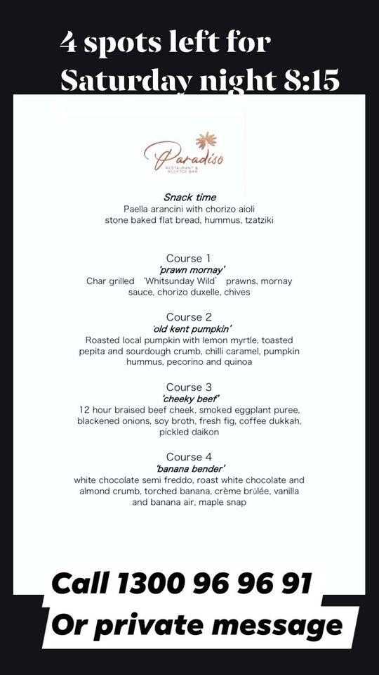 Menu at Paradiso Rooftop Bar & Restaurant, Airlie Beach