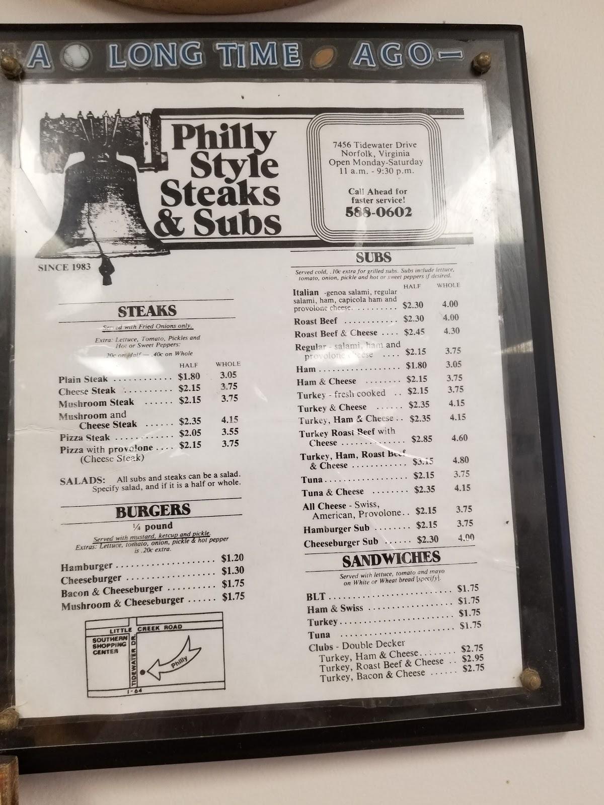 Menu at Philly Style Steaks & Subs restaurant, Norfolk, A Tidewater Dr