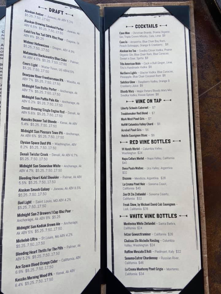 Menu at The Cave steakhouse, Delta Junction