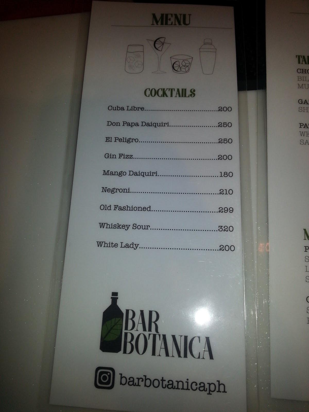 Menu at Bar Botanica, Davao City, Oboza Heritage Compound