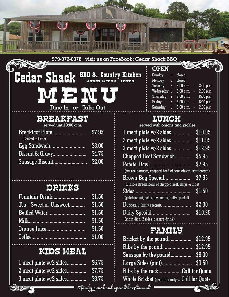 Menu at Cedar Shack BBQ, Jones Creek