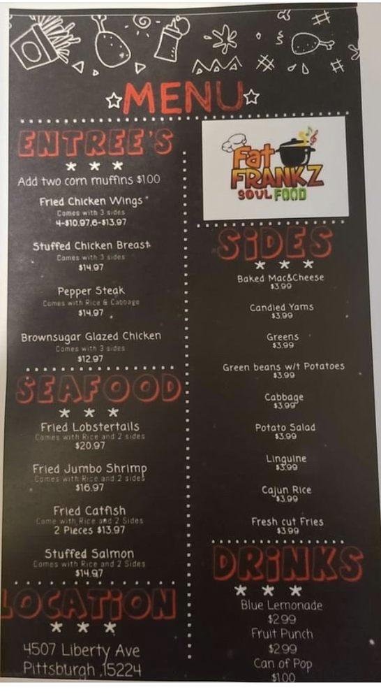 Menu at Fat Frankz Soul Food pub & bar, Pittsburgh