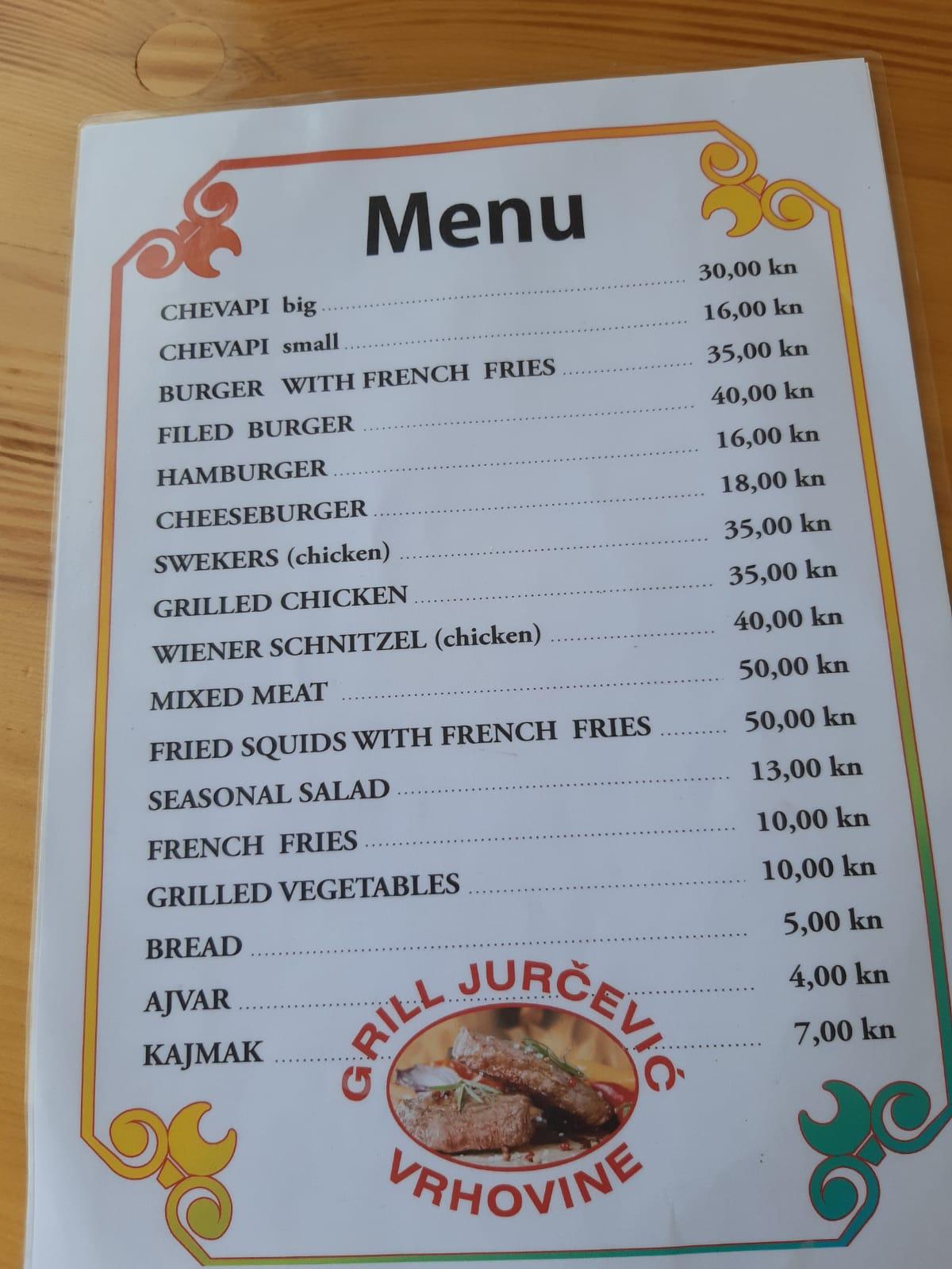 Carta del restaurante Grill Jurčević, Croacia