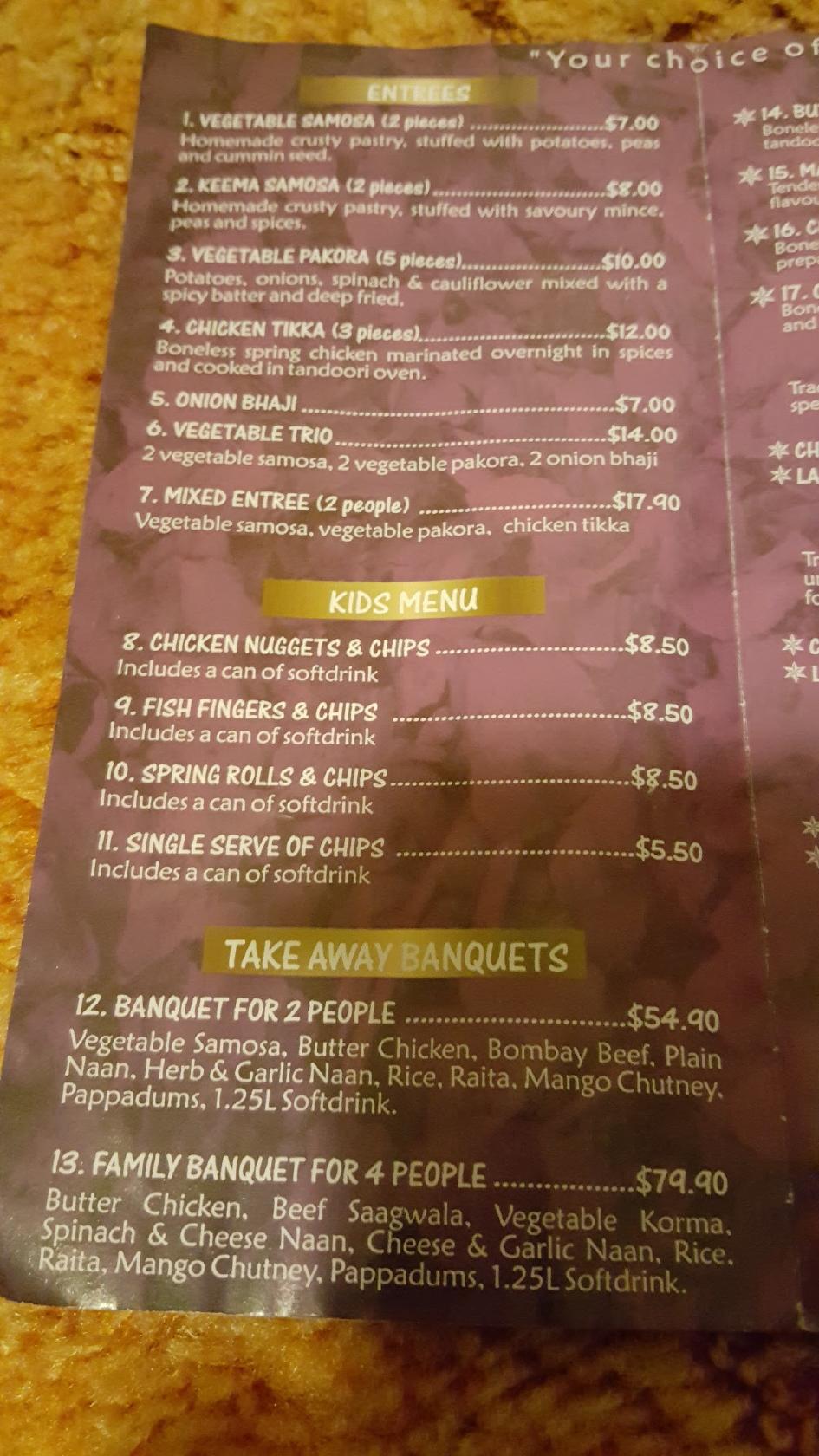 Menu at Indian Curry Bazaar & Take Away restaurant, Avoca
