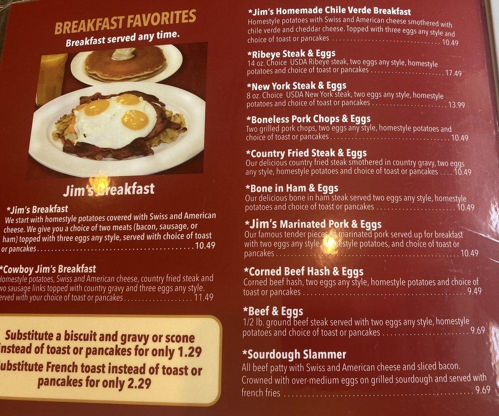 Menu at Jim's restaurant, Sandy