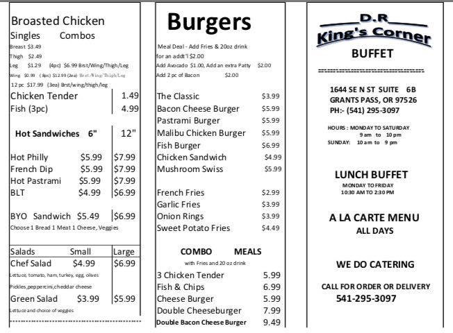 Menu at Kings corner restaurant, Grants Pass