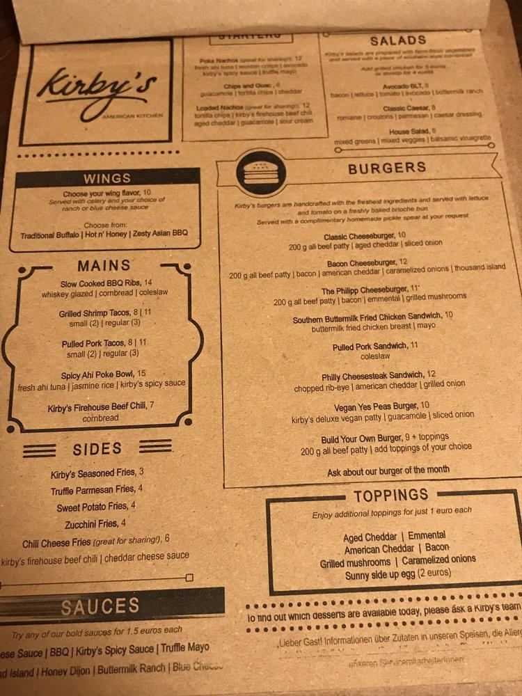 Menu at Kirby's American Kitchen restaurant, Graz