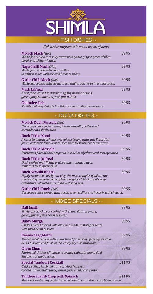 Menu at Shimla Indian Cuisine restaurant, Holmfirth