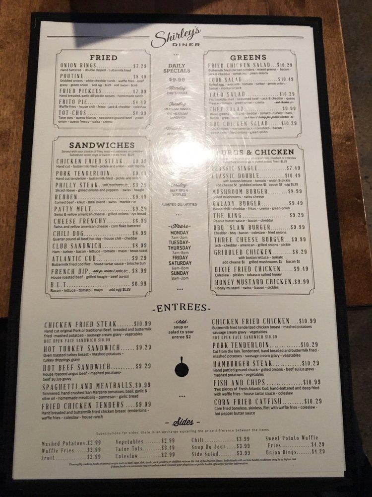 Menu at Shirley's Diner restaurant, Omaha