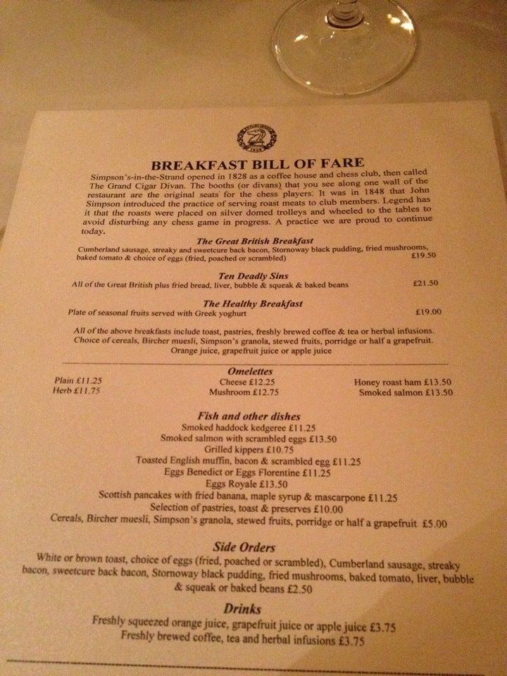 Menu at Simpson's in the Strand restaurant, London