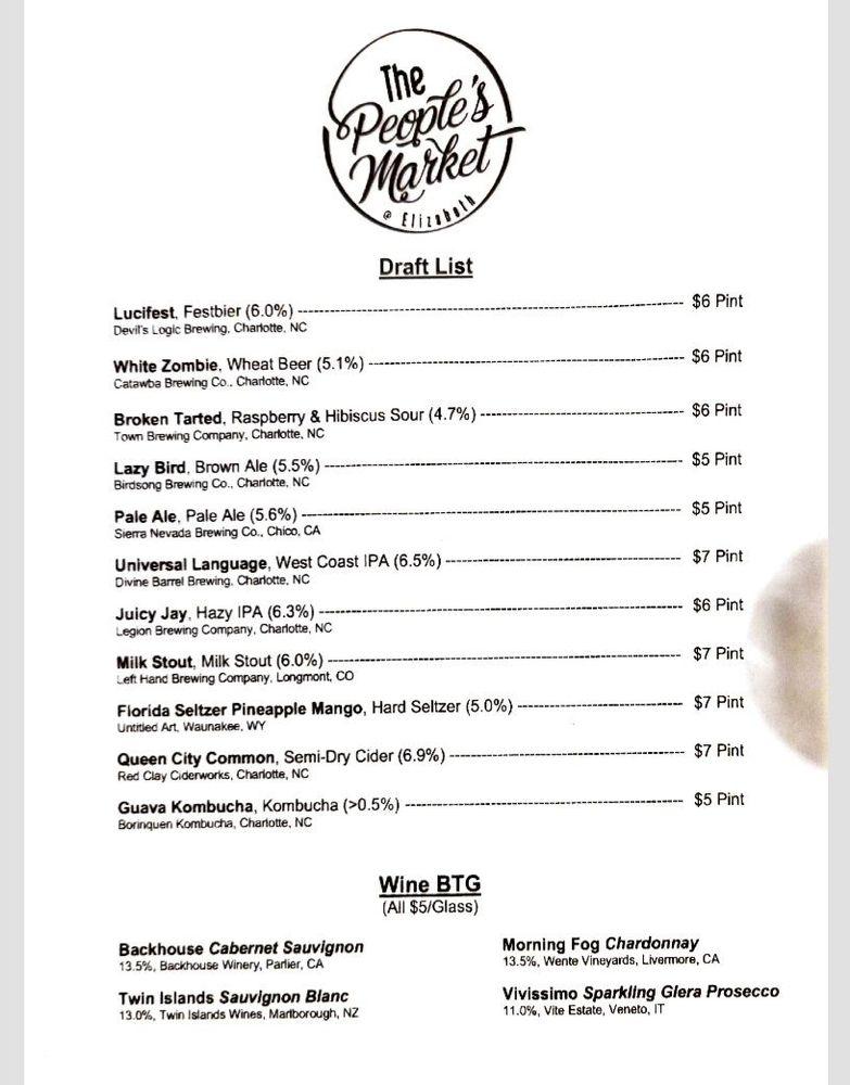 Menu at The People’s Market Elizabeth restaurant, Charlotte