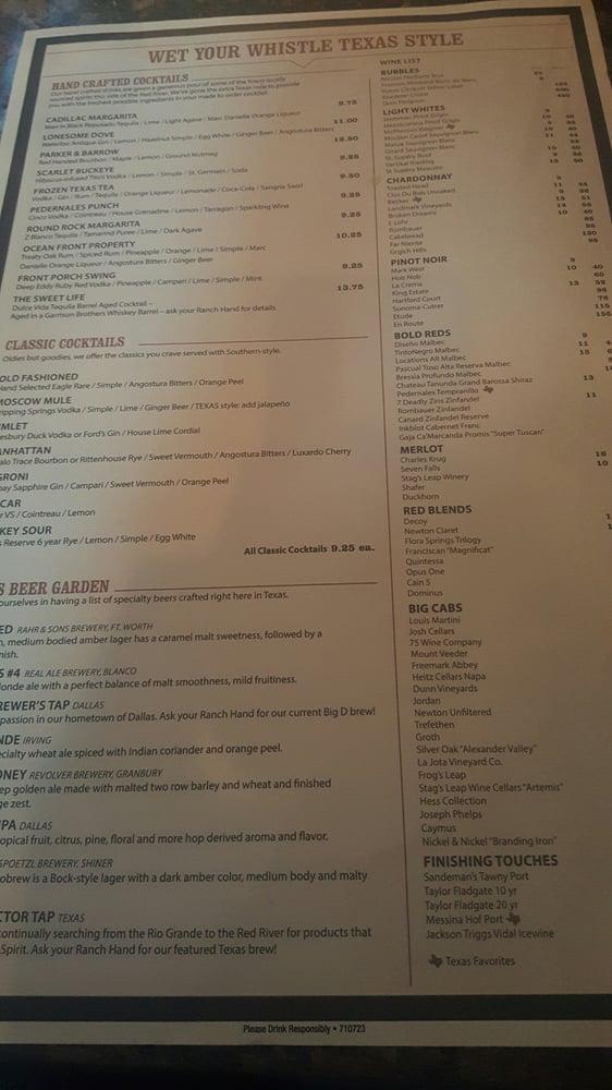 Menu at The Ranch at Las Colinas steakhouse, Irving