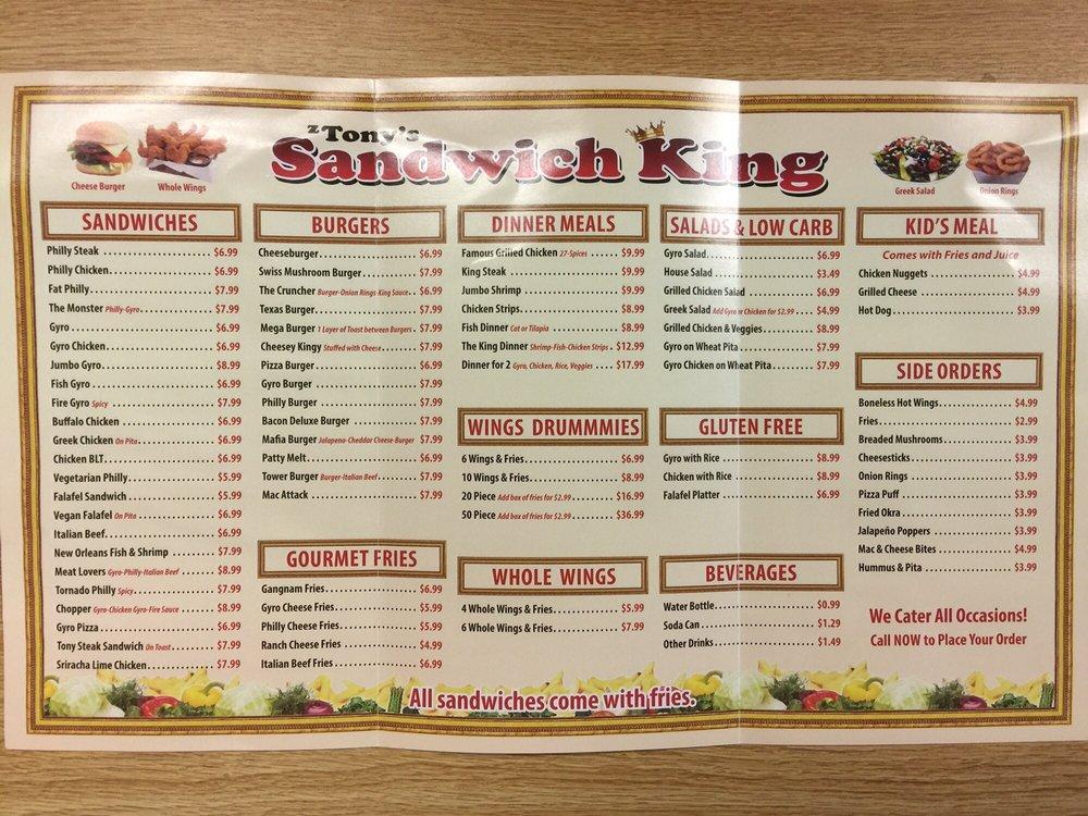 Menu at Tony's Sandwich King restaurant, Mounds View, Highway 10
