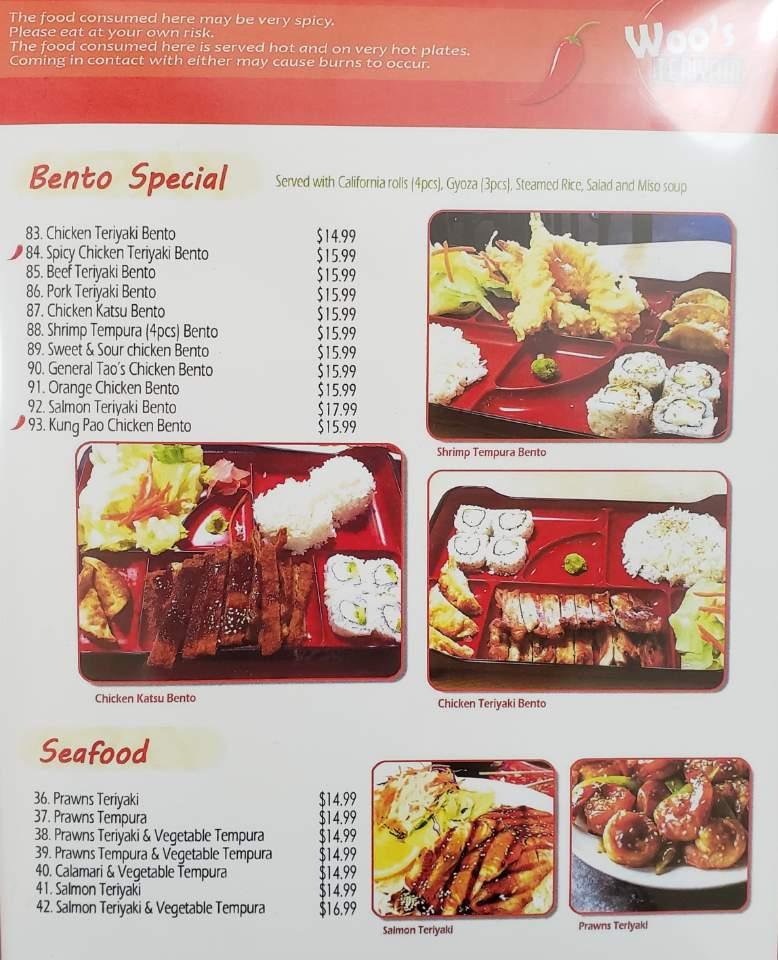 Menu at Woo's Teriyaki restaurant, Richland