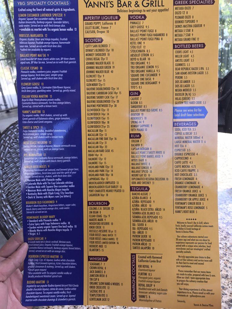Menu at Yanni's Bar & Grill, San Diego