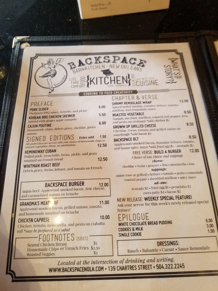 Menu at Backspace Bar & Kitchen, New Orleans