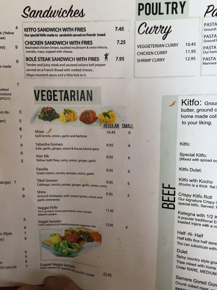 Menu at Bole Ethiopian Cuisine restaurant, Falcon Heights, Pascal St