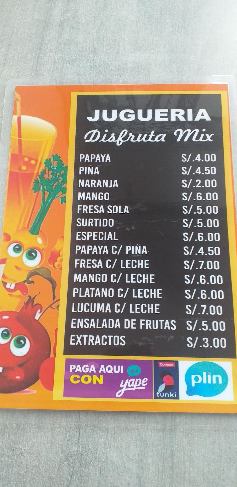 Menu at Jugueria fuente de soda dis fruta mix cafe, Villa el Salvador