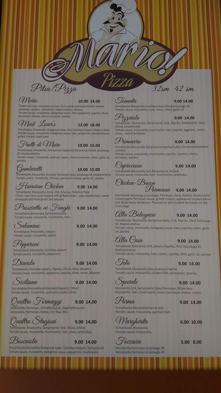 Menu at Mario Pizza restaurant, Tapa