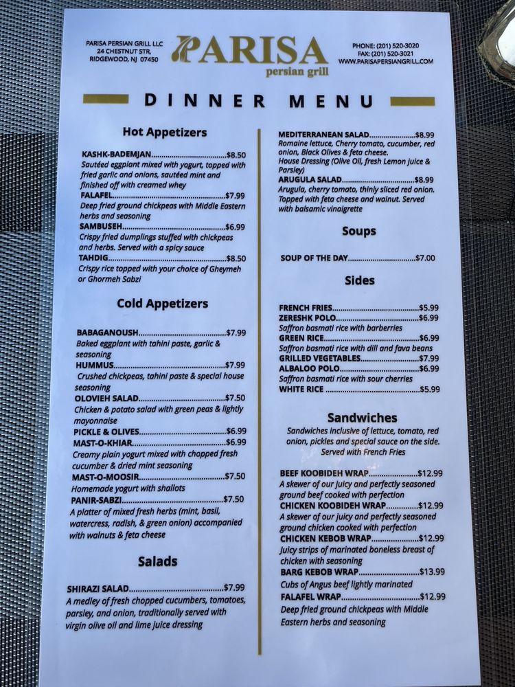 Menu at Parisa Persian Grill restaurant, Ridgewood