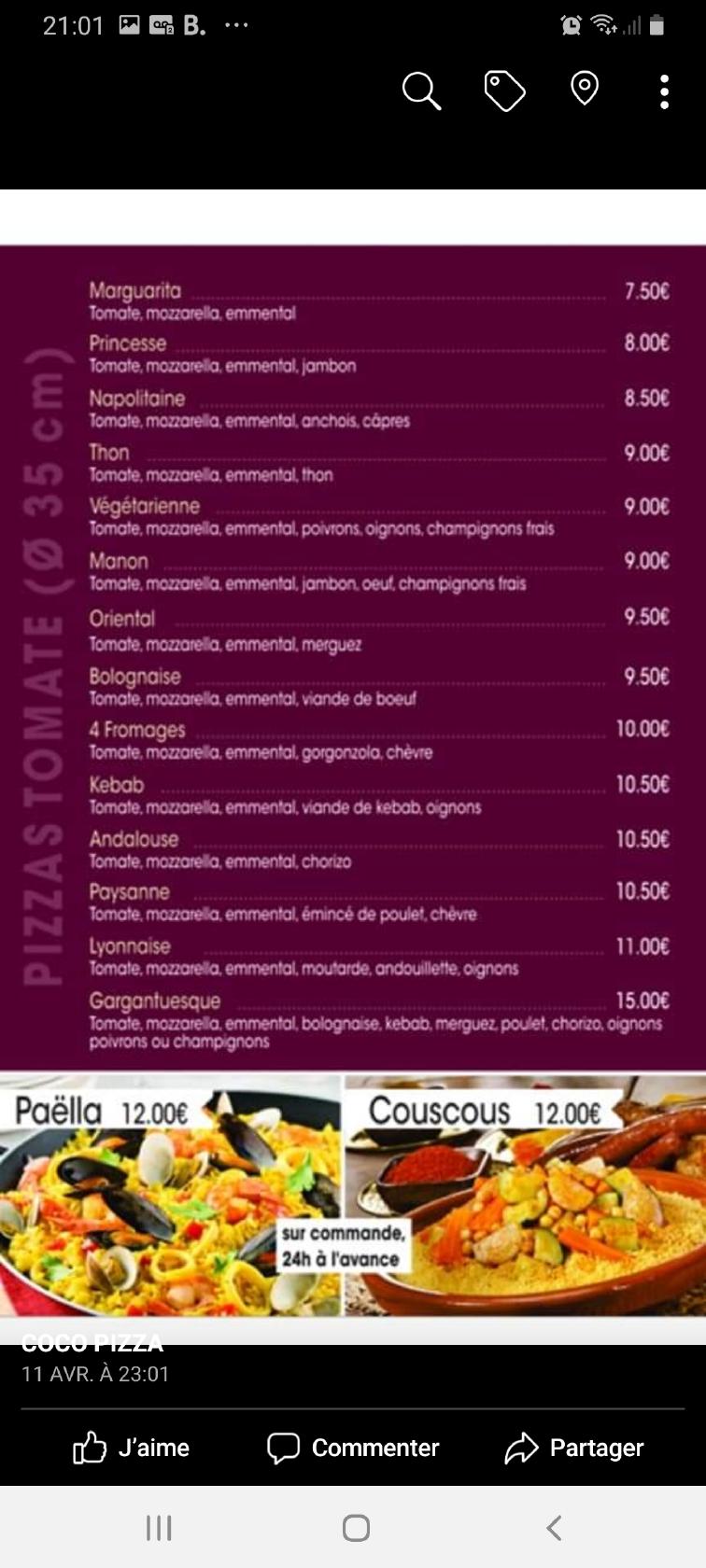 Menu at COCO PIZZA restaurant, Maclas