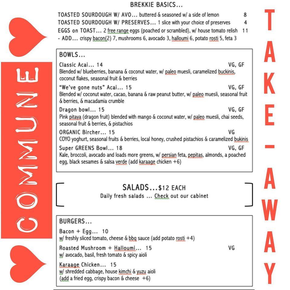 Menu at Commune Cafe, Burleigh Heads