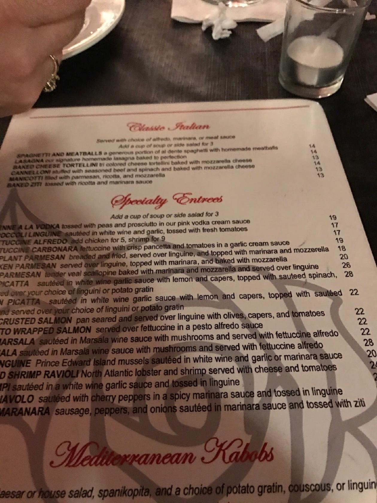 Menu at Corleone's restaurant, Savannah